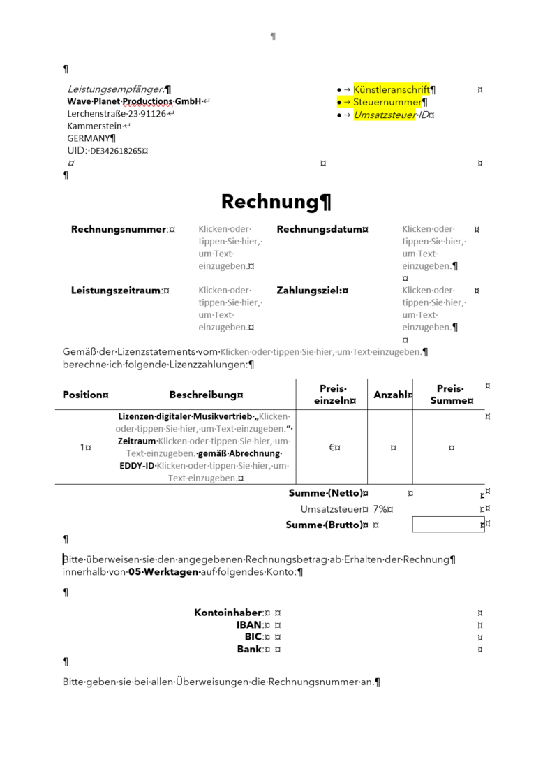 How to write a royalty invoice. – Wave Planet Records